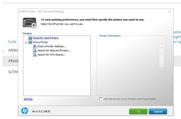 Printing to HP printer using universal driver gives pop-up